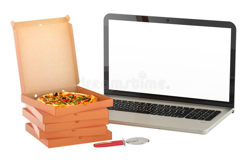 Pizza Boxes and Laptop with White Screen. Order Pizza Online, Concept ...
