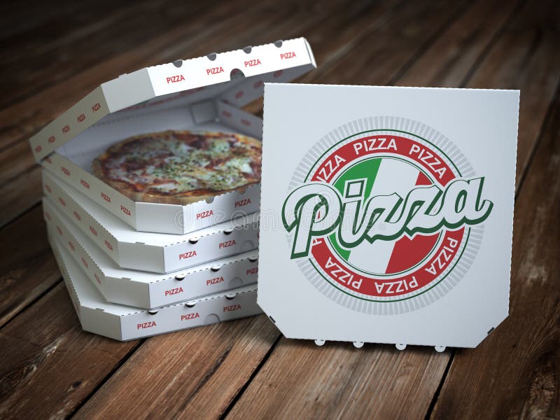 Pizza Boxes with Pizza on Vintage Wooden Planks Stock Illustration ...