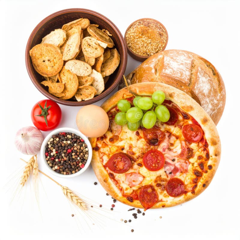 Pizza with Bread and Fresh Ingredients on White Background Stock ...