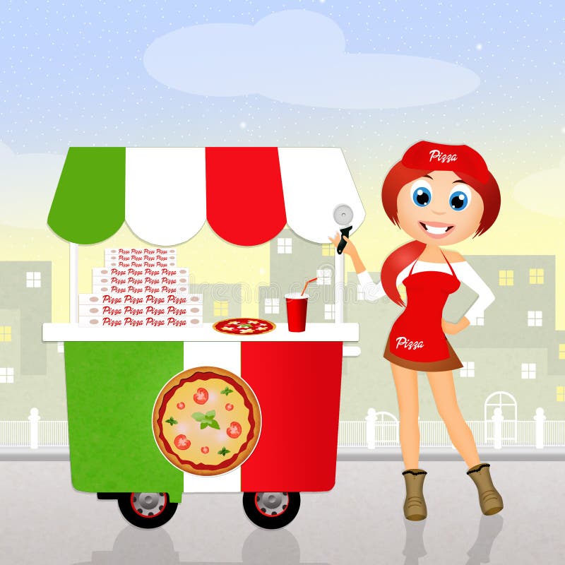 Pizza Cart Icon in Cartoon Style Isolated on White Background. Pizza ...