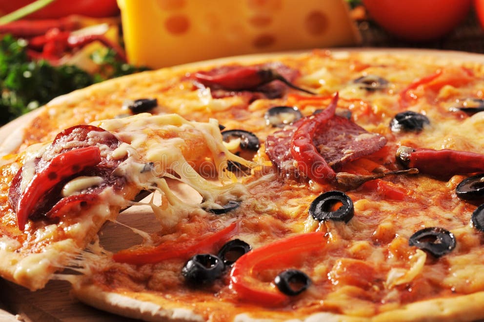 Pizza with cheese stock photo. Image of lunch, meat, onion - 12721434