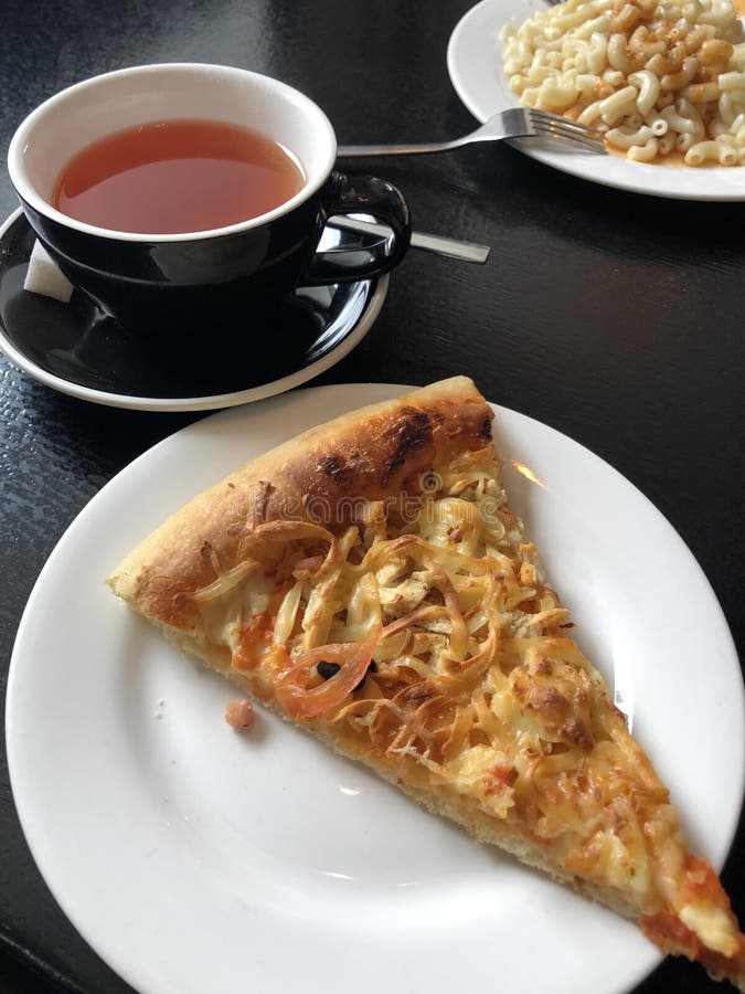 Pizza with cheese and tea stock photo. Image of lasagna - 244667720