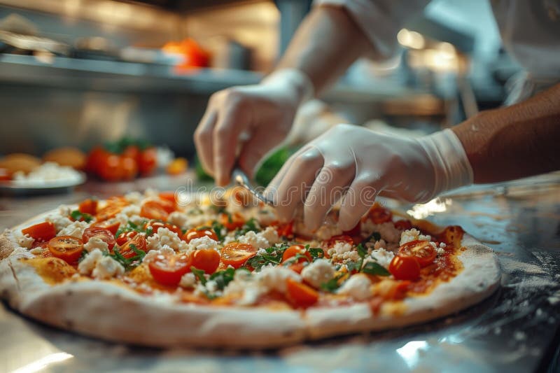 Pizza Chef Finishing the Preparing of in Pizzeria Restaurant Kitchen ...