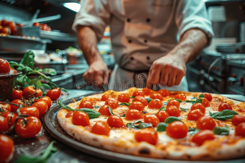 Pizza Chef Finishing the Preparing of in Pizzeria Restaurant Kitchen ...
