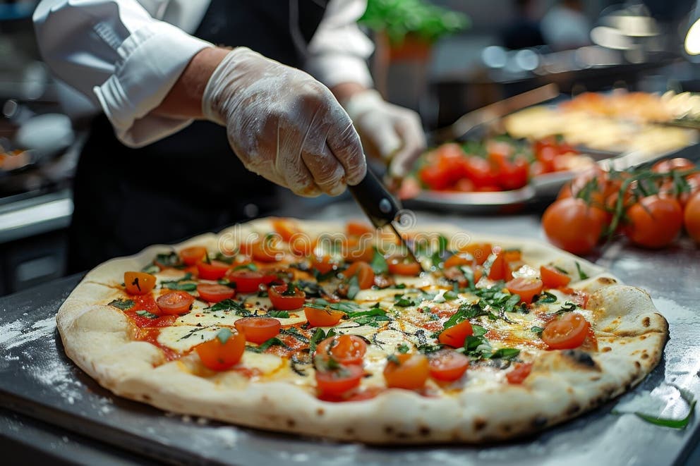 Pizza Chef Finishing the Preparing of in Pizzeria Restaurant Kitchen ...