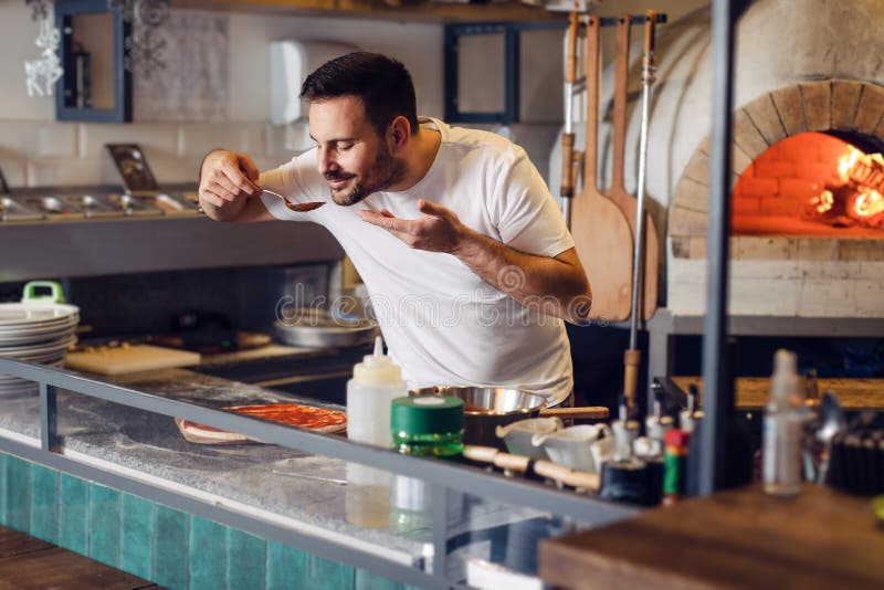 Pizza Chef Working in the Kitchen Stock Image - Image of hotel ...
