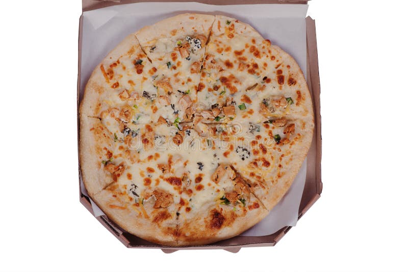 Pizza with Chicken and Cheese in a Paper Box. Food Delivery. Pizza ...