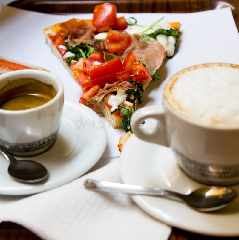Pizza, Coffee and Cappuccino Stock Image - Image of convenient ...