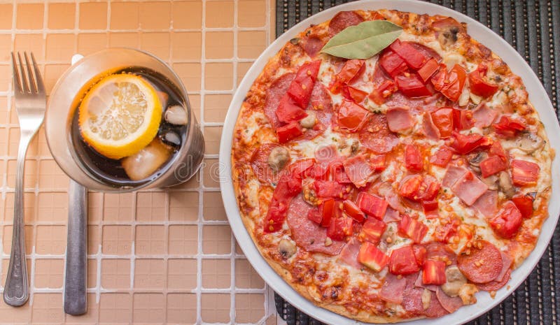 Delicious Pizza With A Glass Of Cold Cola With Ice. Stock Image - Image ...