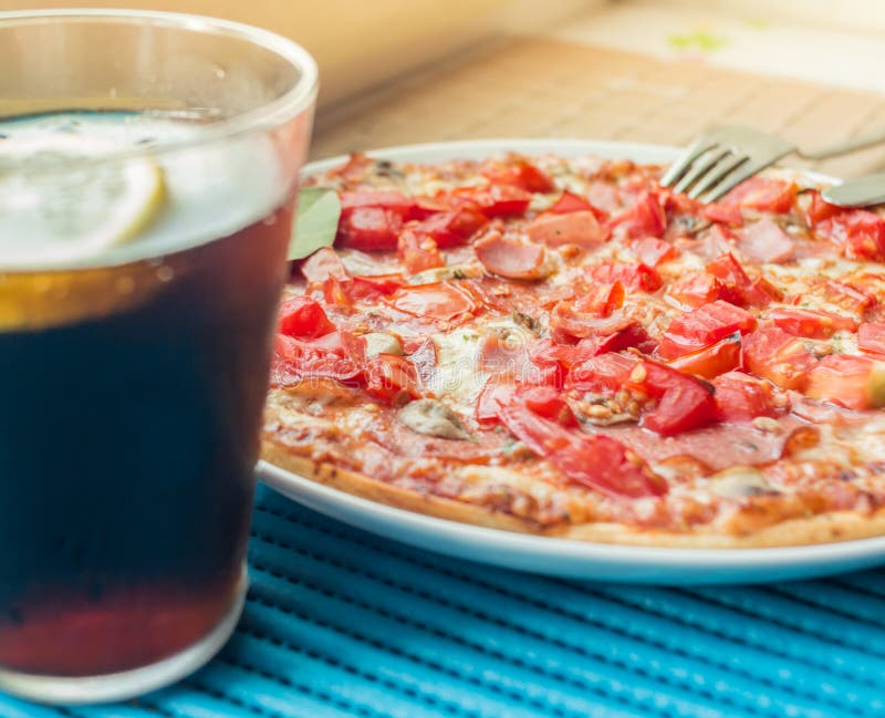 Fresh Pizza And Cold Cola Drink Stock Image - Image of cheese, crust ...