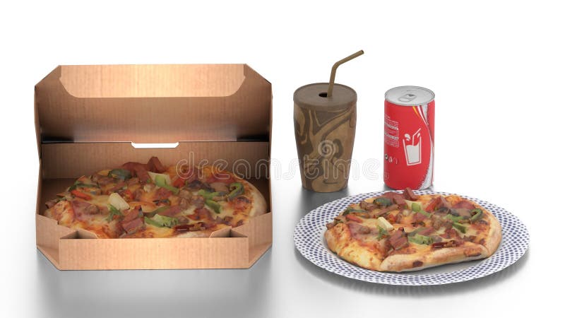 Pizza and Cold Drink in Box Stock Illustration - Illustration of cheese ...