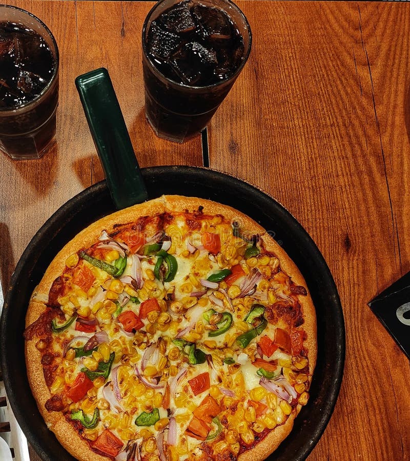 Pizza with Cold Drink on a Wooden Table Stock Image - Image of drink ...