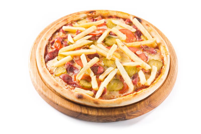 Pizza Com Batatas Fritas, Tomate E Carne, Ketchup Foto de Stock ...
