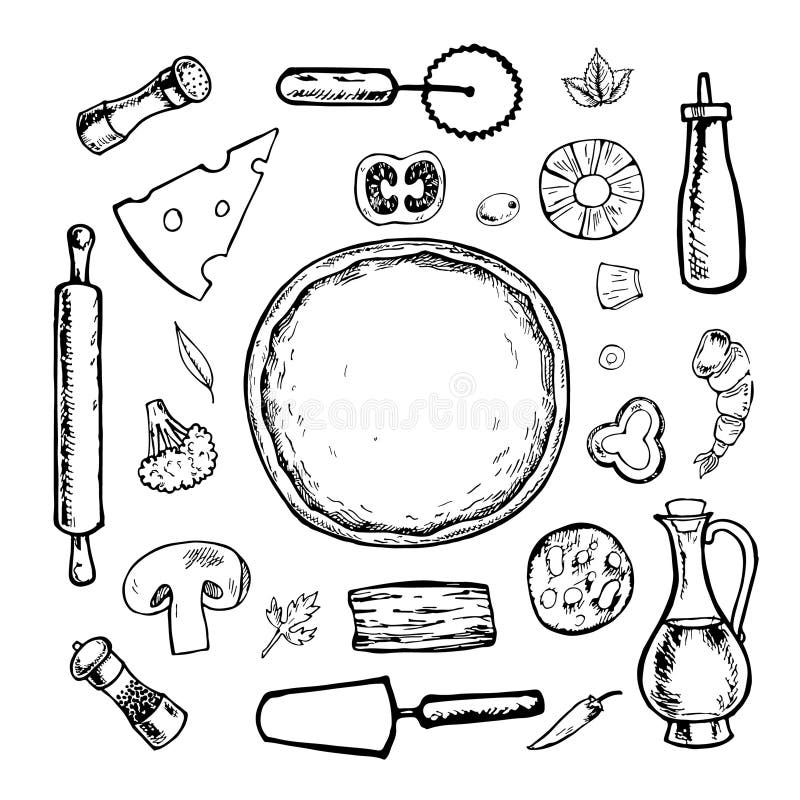 Pizza Constructor. Vector Graphics, Black and White Hand-drawn ...