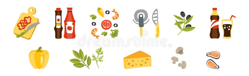 Pizza Cooking Ingredient Flat Item and Element Vector Set Stock Vector ...