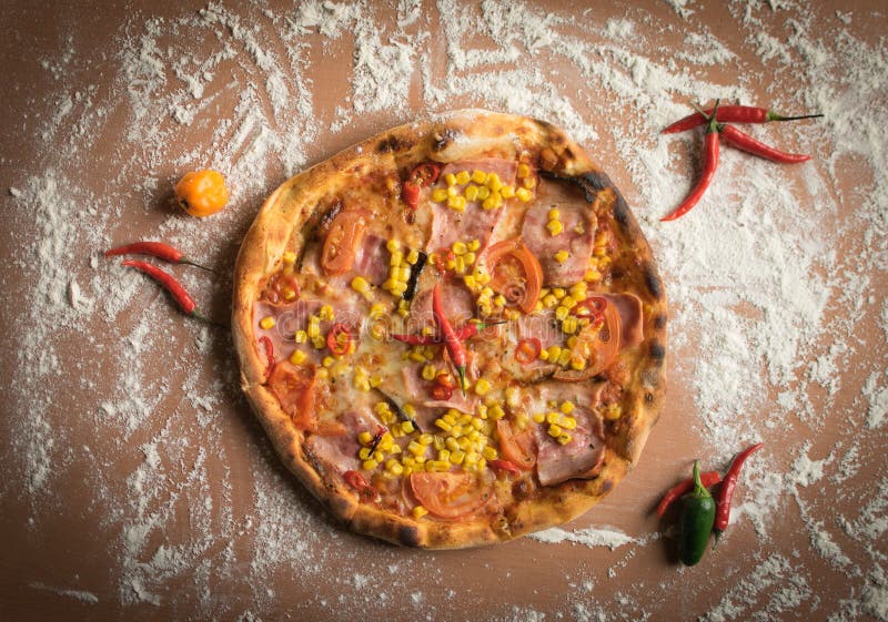 Pizza with Corn on Wooden Table Stock Image - Image of wood, wooden ...