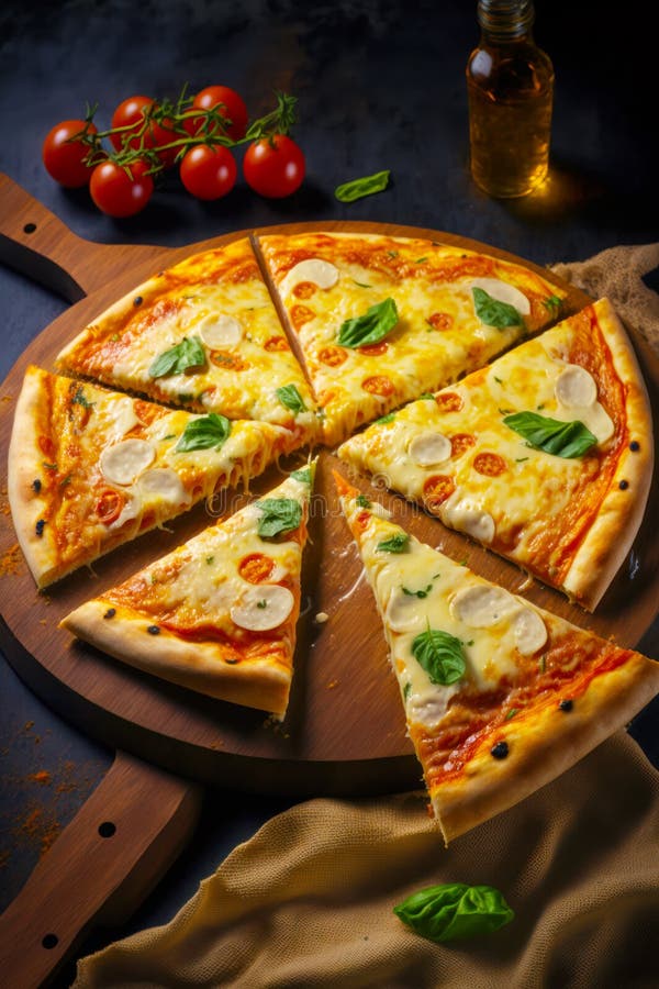 Pizza Cut into Eight Slices on Cutting Board with Tomatoes and Basil ...