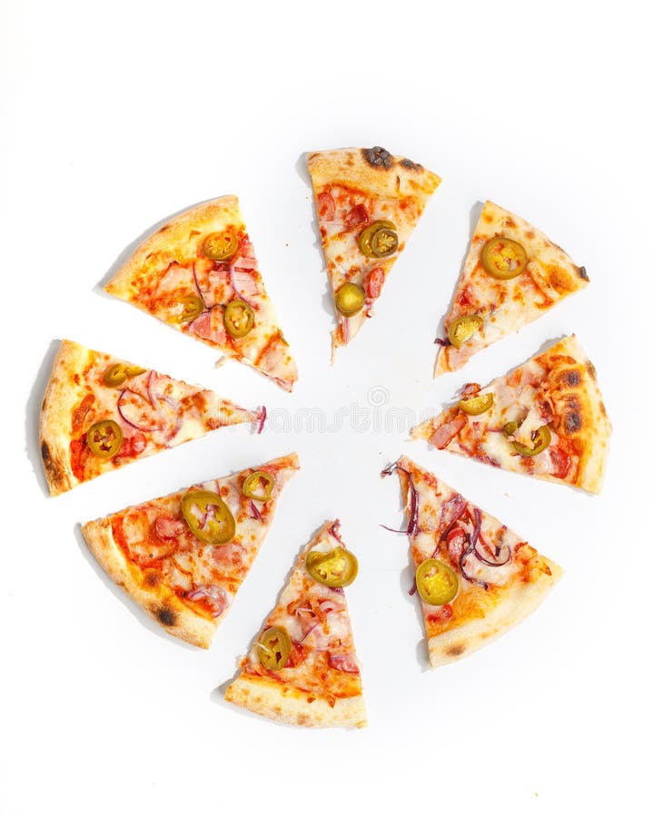 Pizza Cut into Pieces White Background Stock Photo - Image of gourmet ...