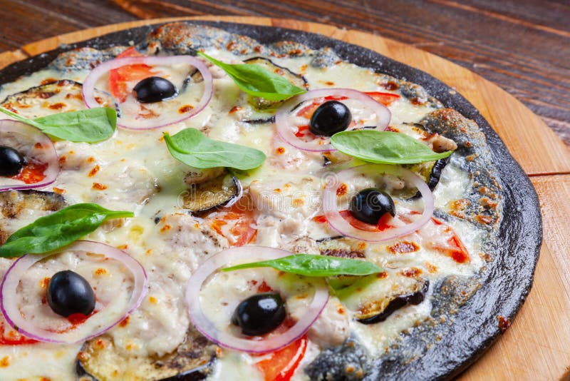 Pizza with Cuttlefish Ink and Eggplant Stock Photo - Image of bake ...