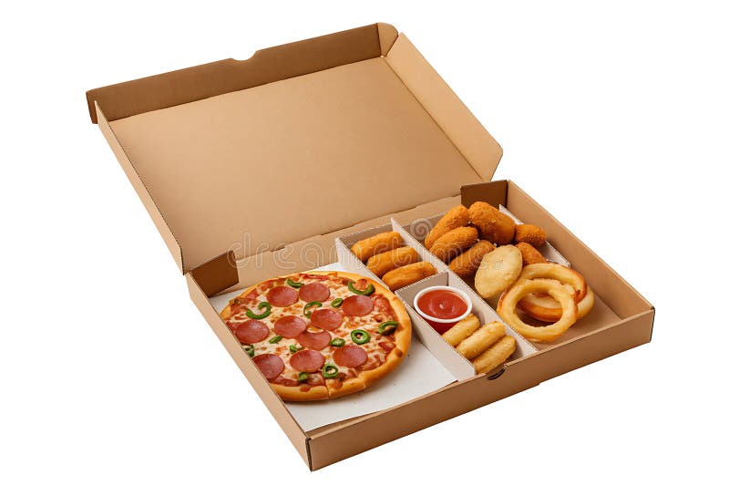 Pizza Delivery Box with Pepperoni Pizza and Fried Chicken Sides Inside ...