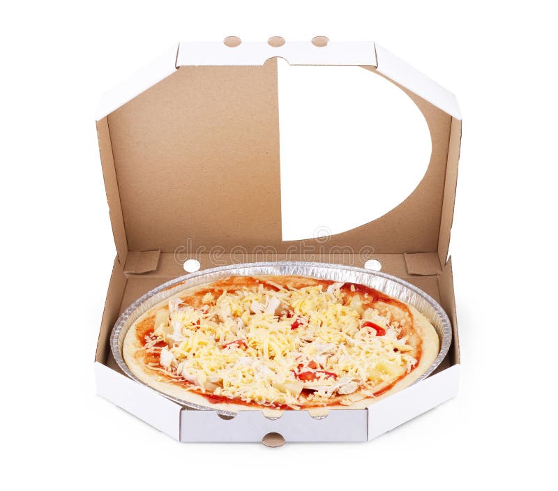 Pizza in the in Delivery Box on White Stock Photo - Image of sauce ...