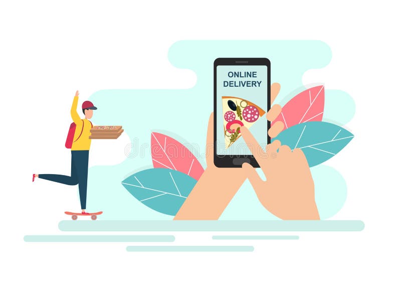 Pizza Delivery Guy and Hands Tap on Food Delivery App Stock Vector ...