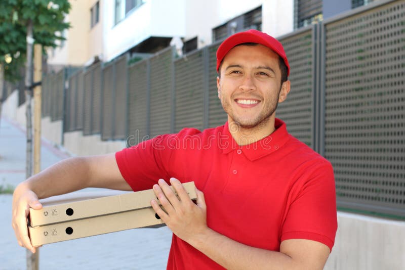 Pizza Delivery Guy Smiling Outdoors Stock Photo - Image of filipino ...
