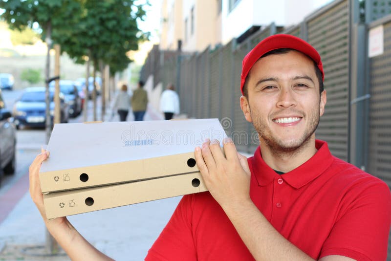 Pizza Delivery Guy Smiling Outdoors Stock Image - Image of smiling ...