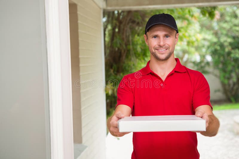 Pizza Delivery Man Delivering Pizzas Stock Photo - Image of pile ...