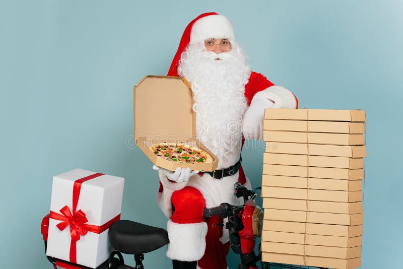Pizza Delivery Man Dressed As Santa Claus with an Open Pizza Box in His ...