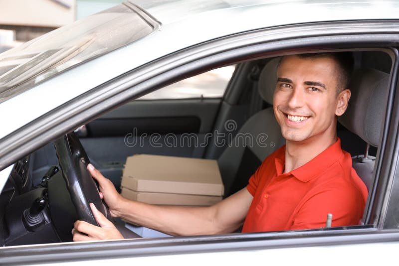 Pizza Delivery Man Driving a Car Stock Image - Image of pizza, lunch ...