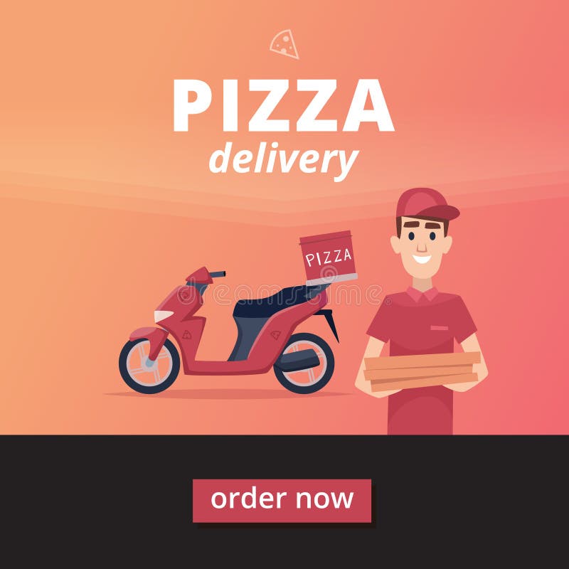 Pizza. Delivery Man Standing with Fresh Pizza in Cardboard Packages Stock Vector - Illustration ...