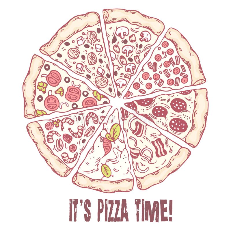 Pizza with Different Slices. Sketched Vector Illustration Stock Vector ... Pizza with Different Slices. Sketched Vector Illustration Stock Vector ...