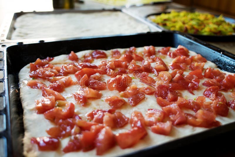 Pizza Dough with Chunks of Fresh Tomato Stock Image - Image of chunk ...