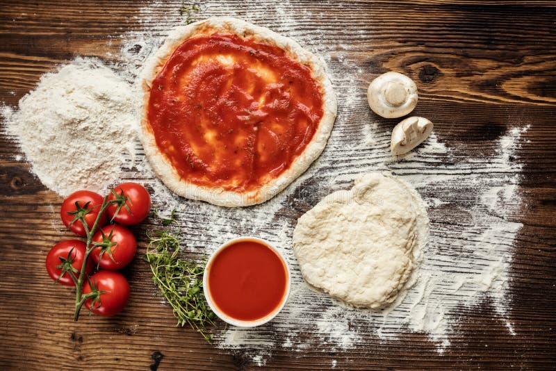 Pizza Dough with Ingredients on Wood Stock Photo - Image of aerial ...