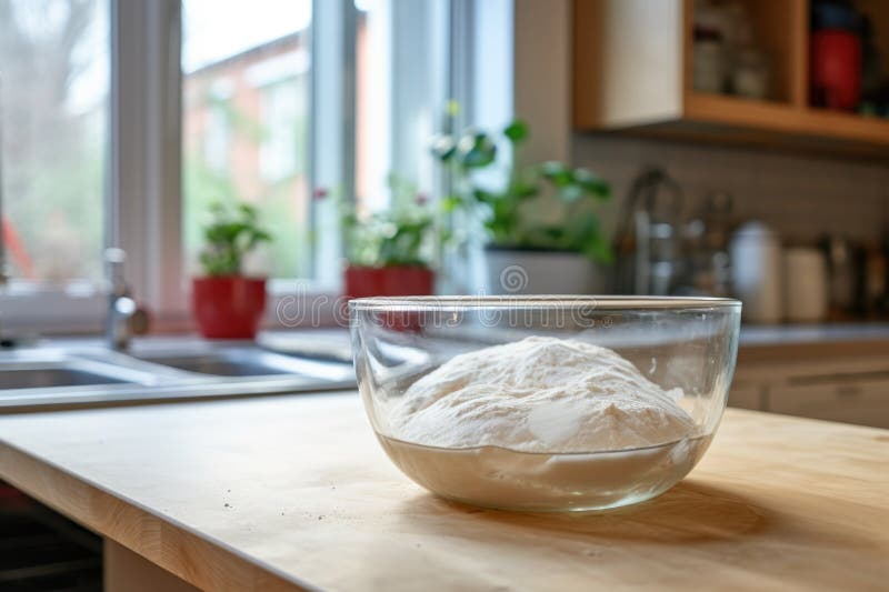 Pizza Dough Rising in a Glass Bowl on a Kitchen Counter Stock ...