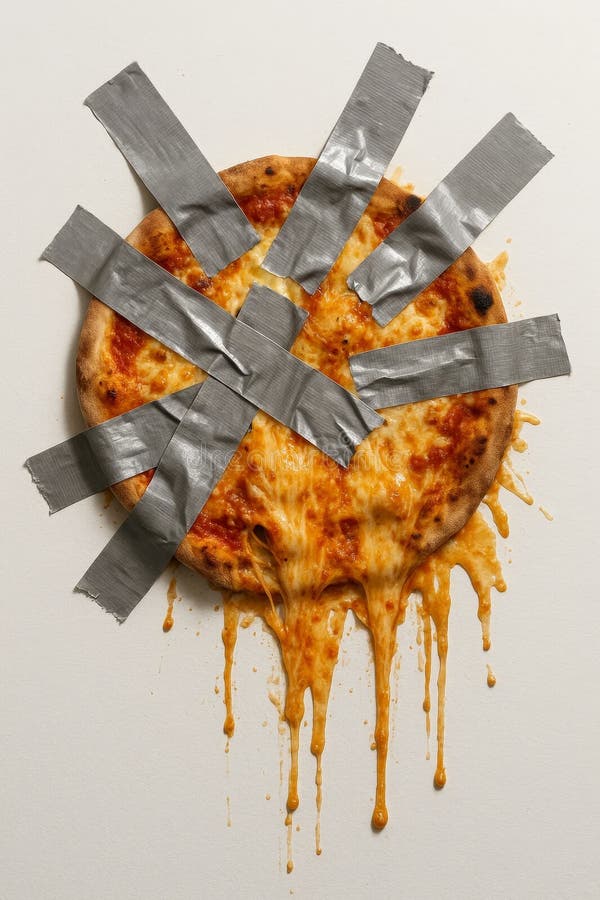Pizza Dramatically Hanging on White Wall, Secured by Silver Duct Tape ...