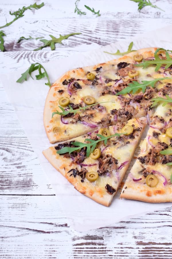 Pizza with Fish, Cheese and Arugula Stock Photo - Image of cheese ...