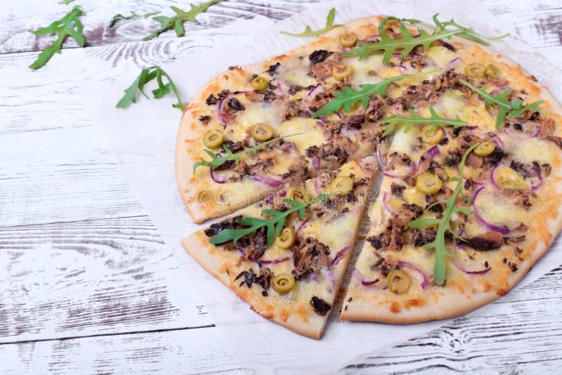 Pizza with Fish, Cheese and Arugula Stock Image - Image of fast, cheese ...