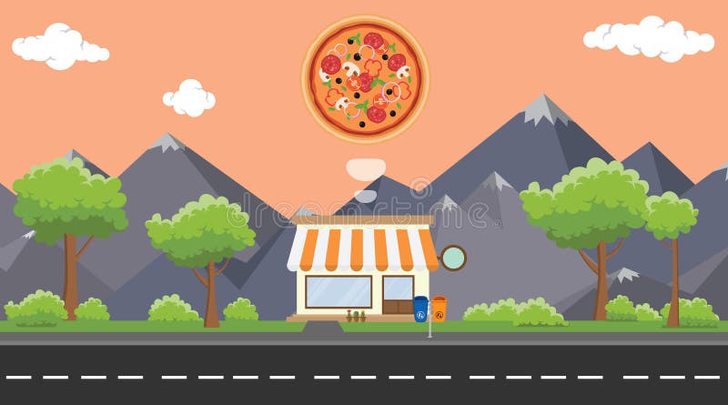 Pizza Food Store on Sidewalk with Tree and Mountain As Background Stock ...