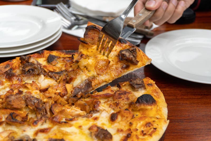 Pizza Food on Wooden Table Inside Cafe Stock Photo - Image of cooking ...