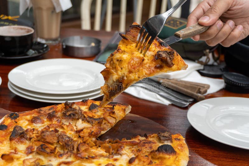Pizza Food on Wooden Table Inside Cafe Stock Image - Image of meal ...