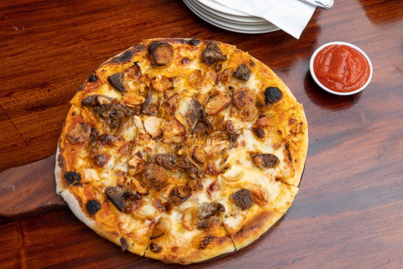 Pizza Food on Wooden Table Inside Cafe Stock Image - Image of delicious ...