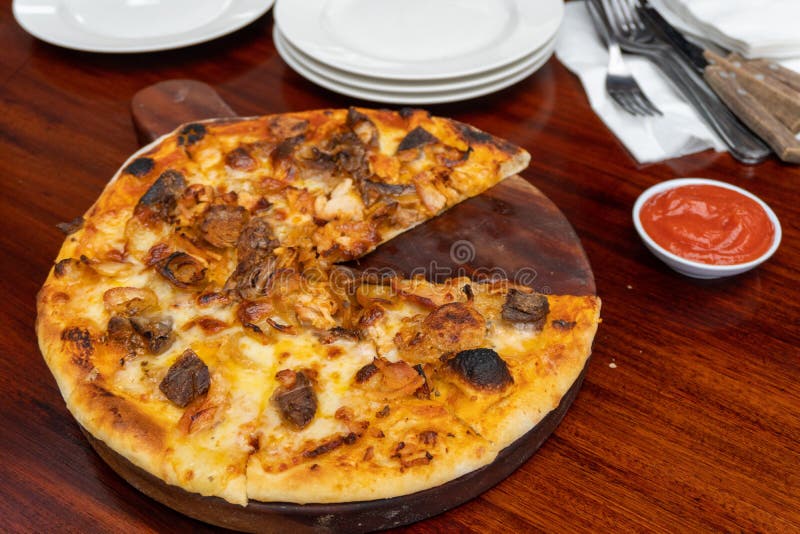 Pizza Food on Wooden Table Inside Cafe Stock Photo - Image of cooking ...