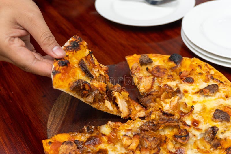 Pizza Food on Wooden Table Inside Cafe Stock Image - Image of basil ...