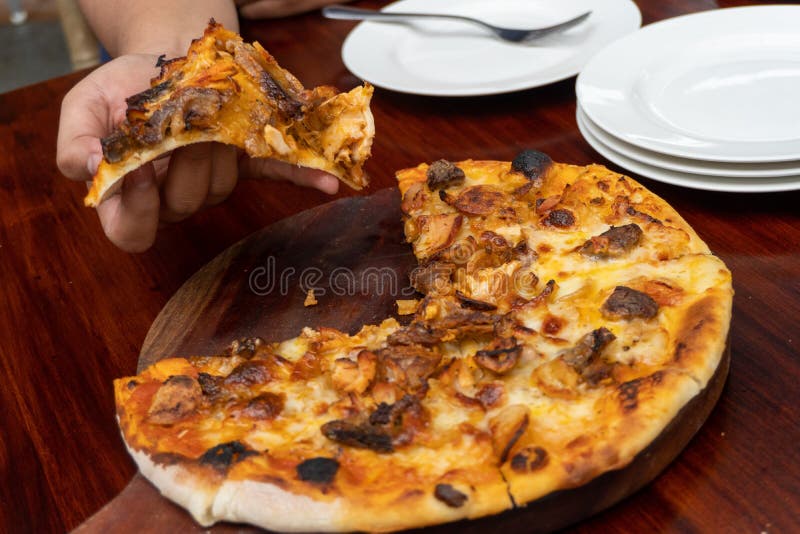 Pizza Food on Wooden Table Inside Cafe Stock Image - Image of delicious ...
