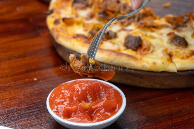 Pizza Food on Wooden Table Inside Cafe Stock Photo - Image of cross ...