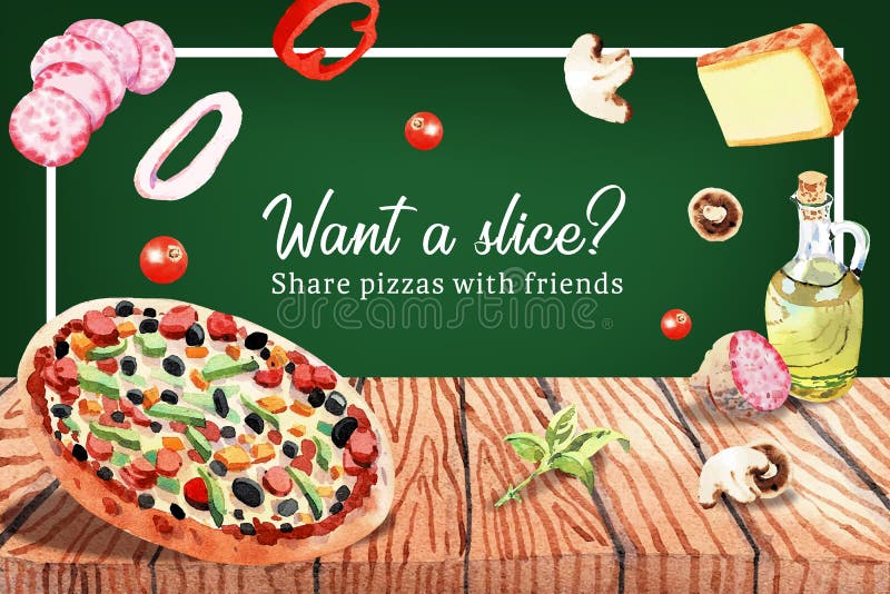 Pizza Frame Design with Cheese, Pizza Watercolor Illustration Stock ...