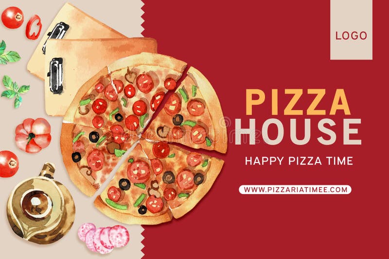 Pizza Frame Design with Pizza, Tea Pot Watercolor Illustration Stock ...