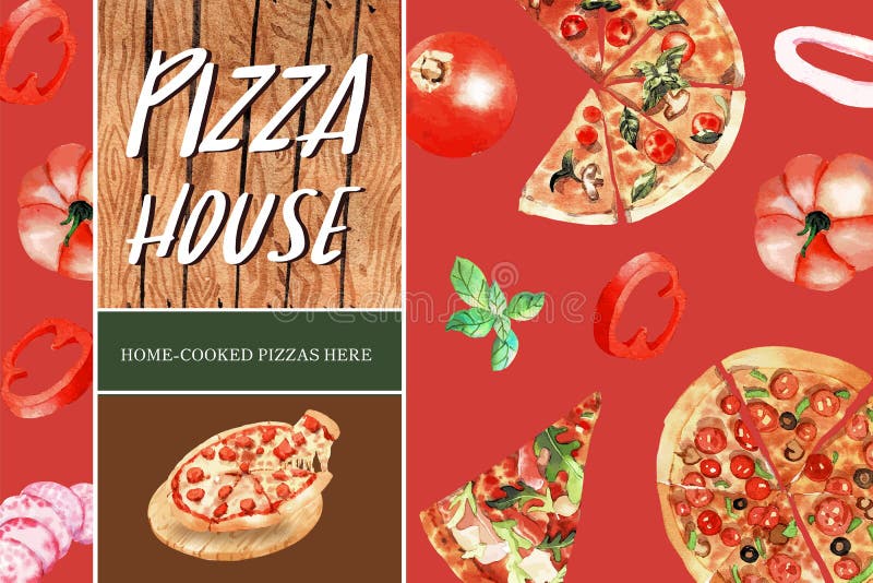 Pizza Frame Design with Various Pizza Watercolor Illustration Stock ...